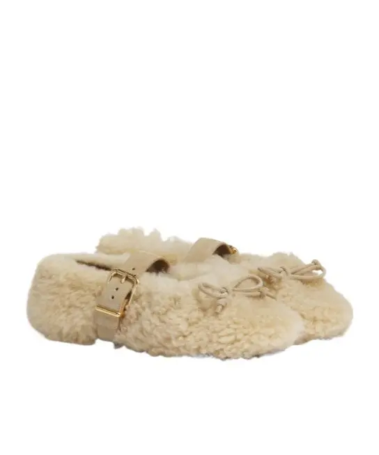Marni Cream Shearling Ballerina With Buckle