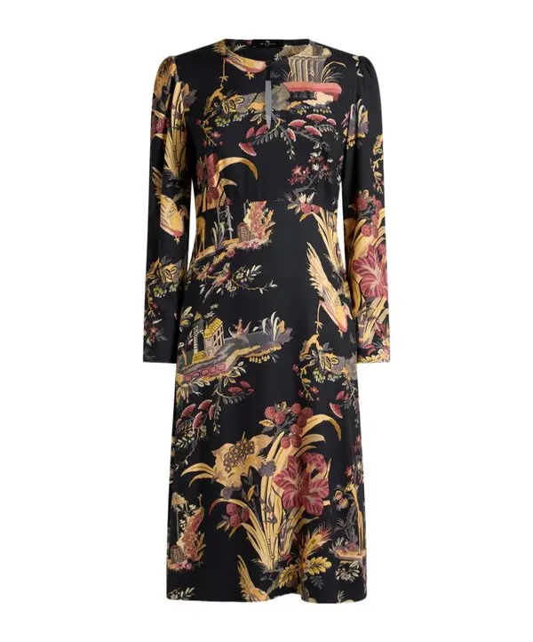 Etro Crepe Midi Dress With Flower And Animal Motif - Multicolor