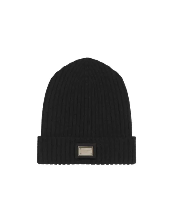 Dolce & Gabbana Ribbed Logo-plaque Beanie Hat - Black