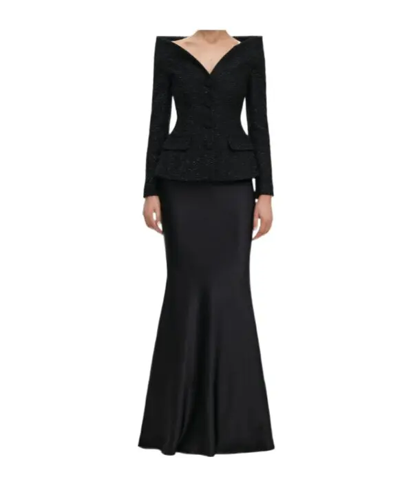 SELF-PORTRAIT Metallic Boucle Satin Maxi Dress - Black