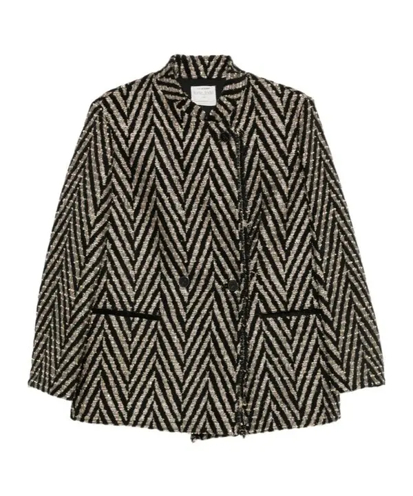 FORTE_FORTE Herringbone Knit Jacket With Fringe - Color: