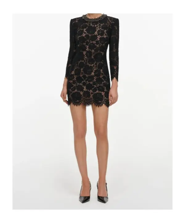 SELF-PORTRAIT Lace Long Sleeve Mini Dress With Embellished Neckline