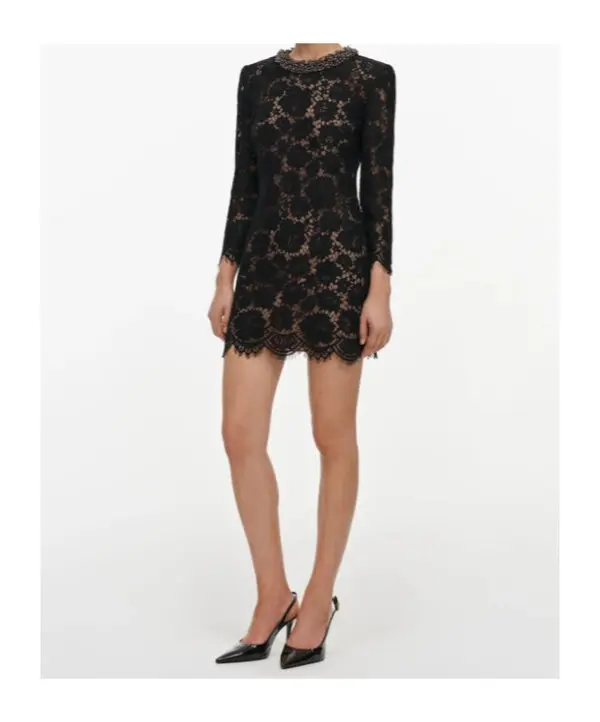 SELF-PORTRAIT Lace Long Sleeve Mini Dress With Embellished Neckline