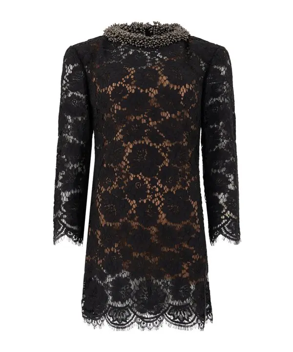 SELF-PORTRAIT Jewel Collar Lace Mini Dress - Black