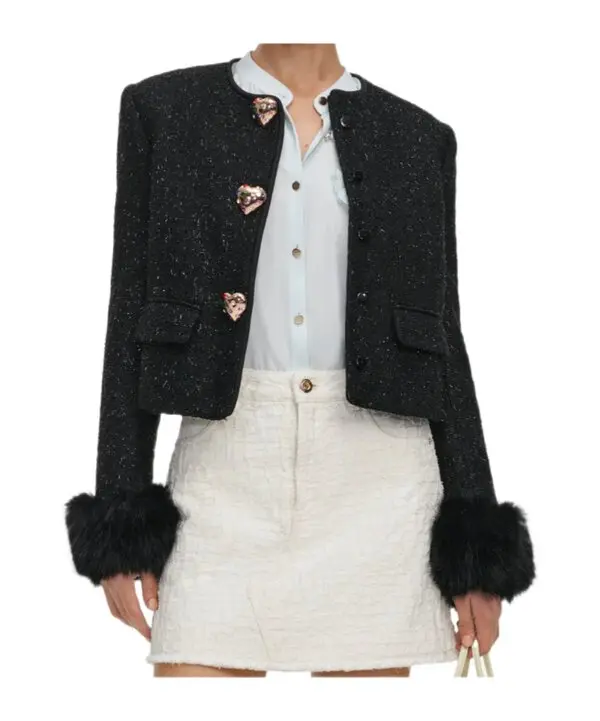 SELF-PORTRAIT Metallic Boucle Fur Cuff Jacket - Black