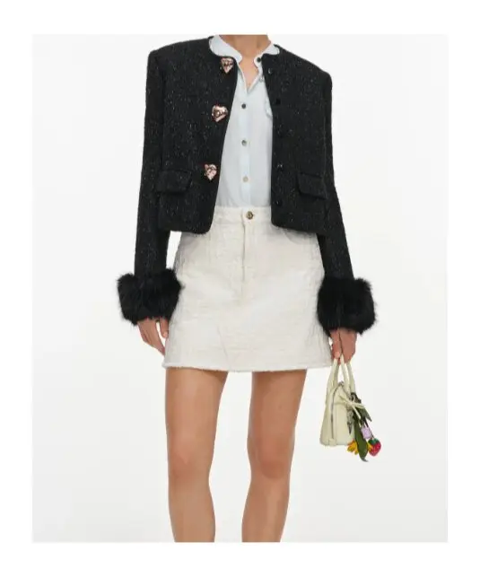 SELF-PORTRAIT Metallic Boucle Fur Cuff Jacket