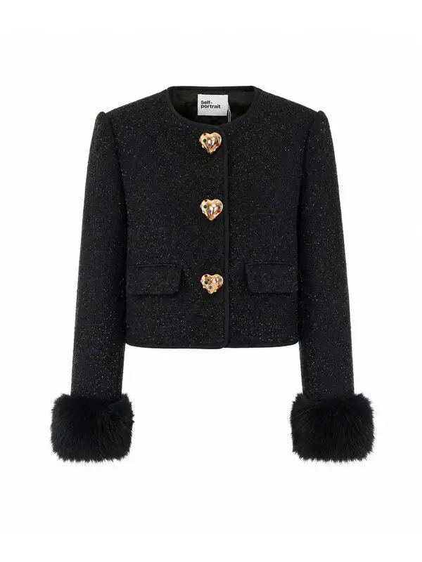 SELF-PORTRAIT Metallic Boucle Jacket With Detachable Faux Fur Cuffs