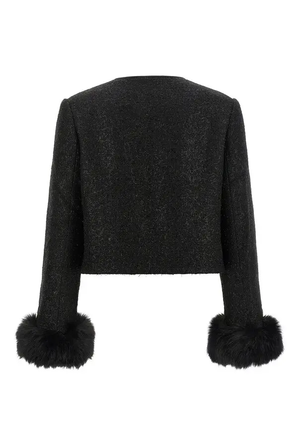 SELF-PORTRAIT Metallic Boucle Jacket With Detachable Faux Fur Cuffs