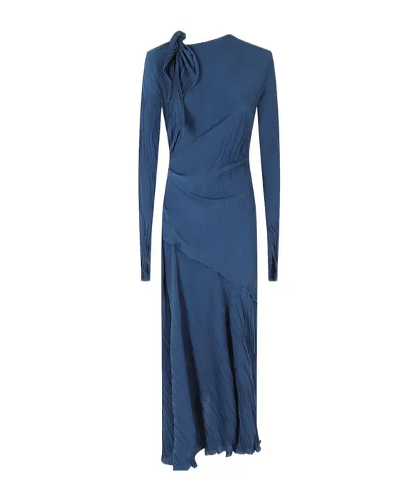 Victoria Beckham Long Sleeve Plisse Dress - Dark Ocean