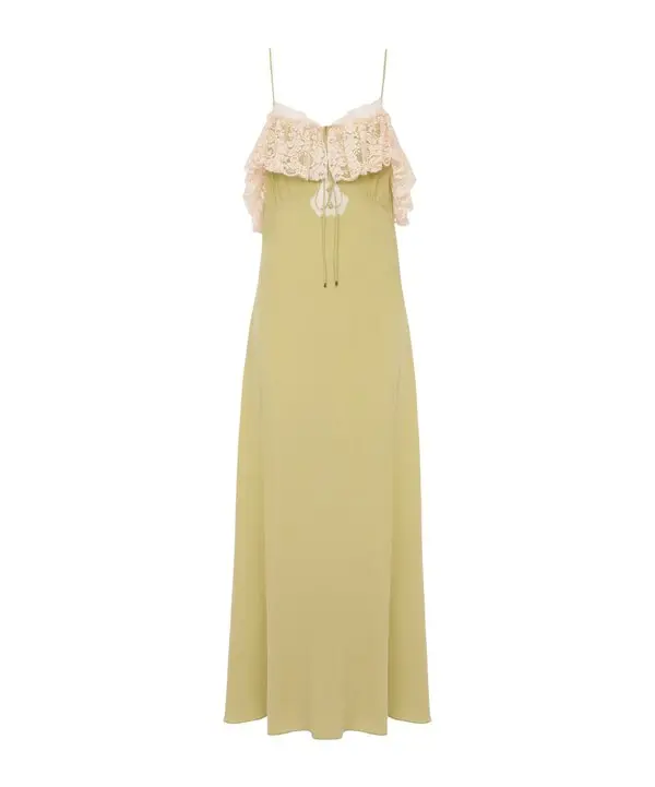 Chloé Sleeveless Maxi Dress With Lace Trim And Draped Tie Detail - Gray-green