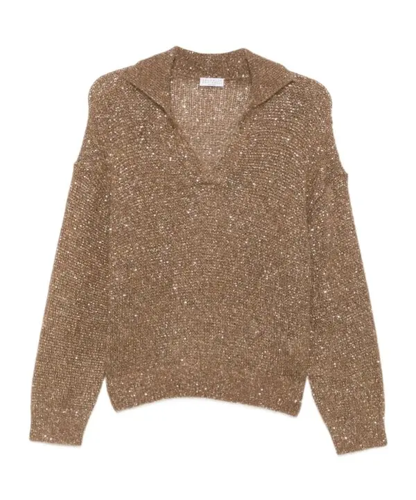 Brunello Cucinelli Long Sleeve Knit Top With Polo Collar - Brown