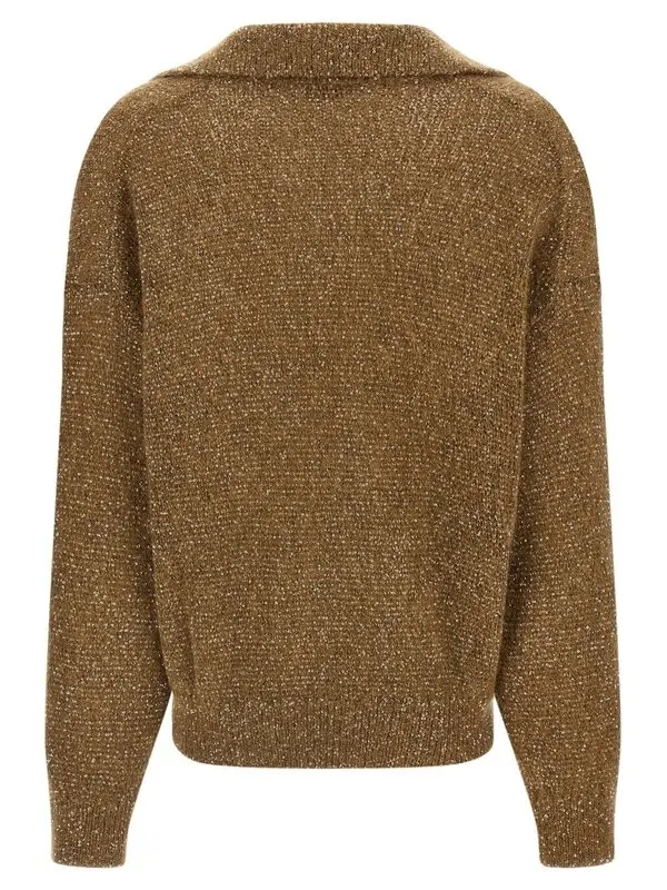 Brunello Cucinelli Long Sleeve Knit Top With Polo Collar - Brown