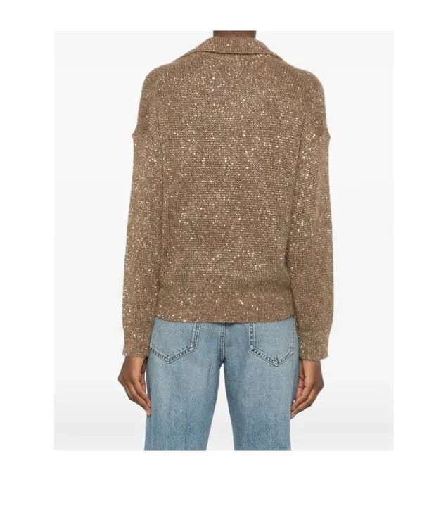 Brunello Cucinelli Long Sleeve Knit Top With Polo Collar - Brown