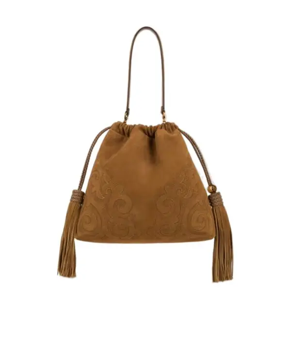 Etro Medium Suede Kalispera Bag With Patch And Tassels - Camel