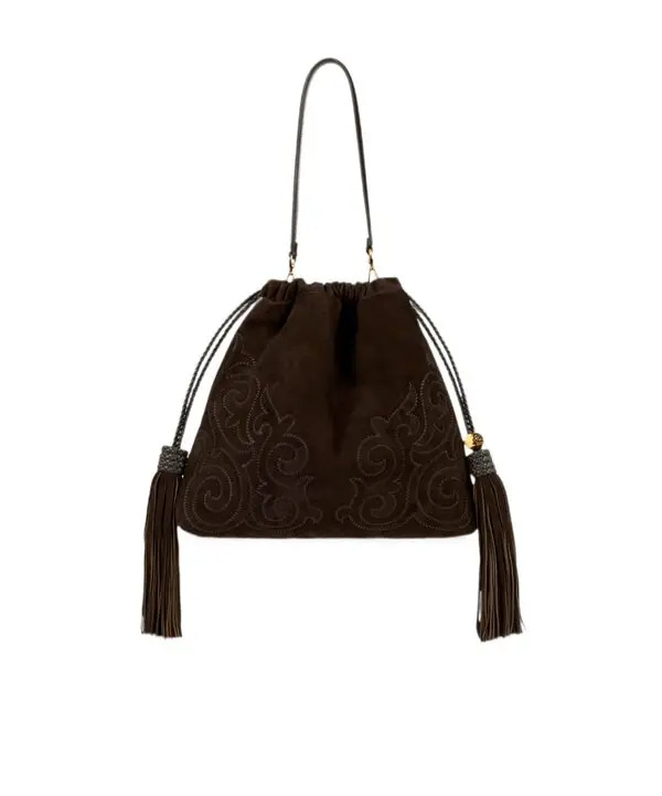 Etro Medium Suede Kalispera Bag With Patch And Tassels - Brown