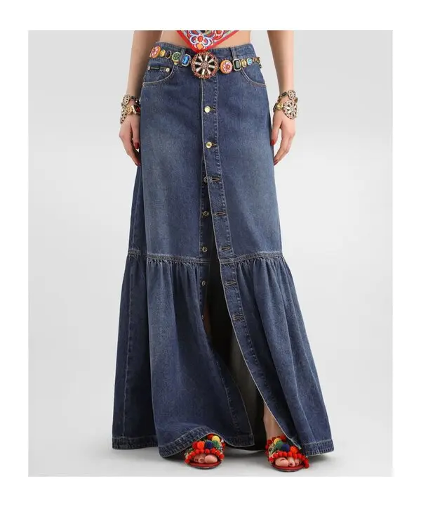 Dolce & Gabbana Midi Denim Skirt With Logo Plate