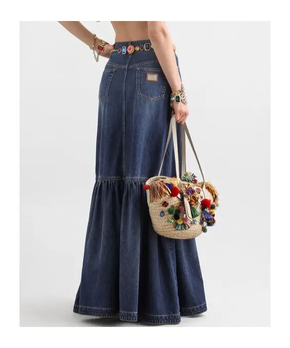 Dolce & Gabbana Midi Denim Skirt With Logo Plate