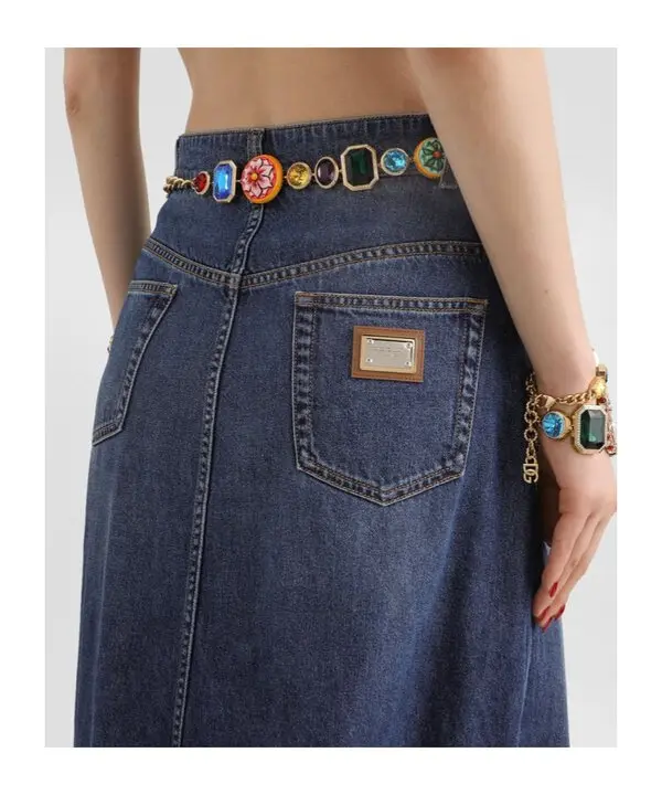 Dolce & Gabbana Midi Denim Skirt With Logo Plate