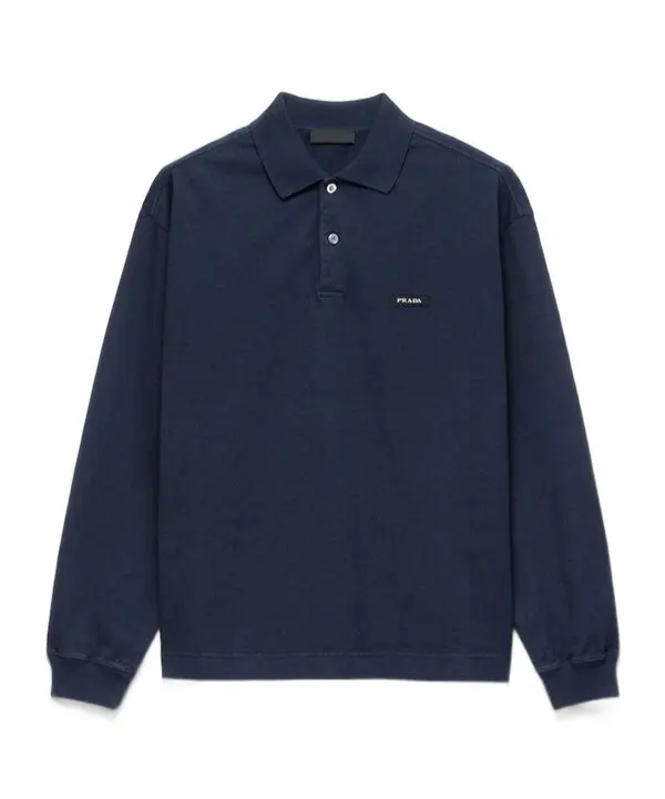 Prada Logo Patch Long-sleeve Polo Shirt - Navy Blue