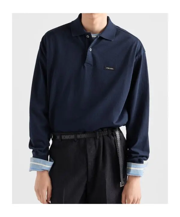 Prada Logo Patch Long-sleeve Polo Shirt