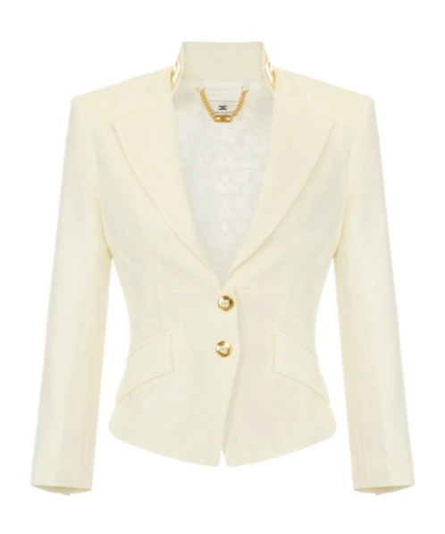 Elisabetta Franchi Jacket In Gabardine Fabric With Jewel Collar - Ivory