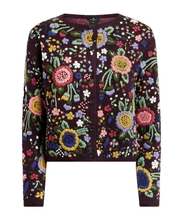 Etro Wool Cardigan With Floral-embroidery - Purple