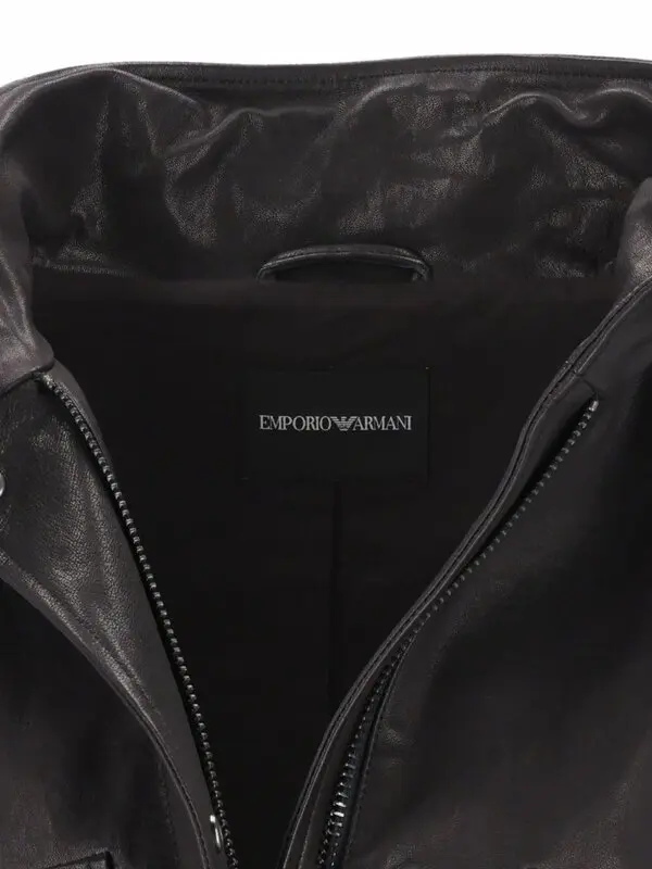 Emporio Armani Leather Jacket With High Neck And Flap Pockets
