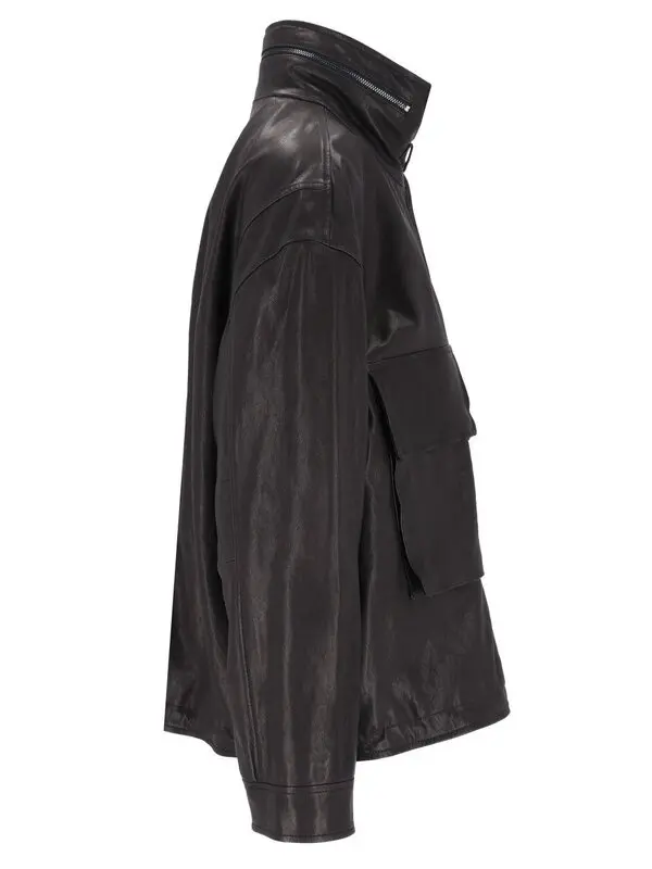 Emporio Armani Leather Jacket With High Neck And Flap Pockets