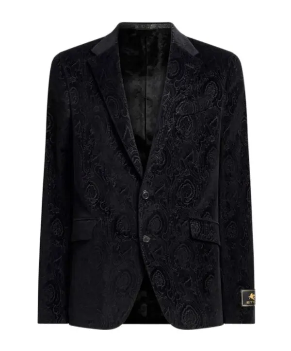 Etro Single-breasted Jacket In Cotton Velvet With Arnica Motif - Black