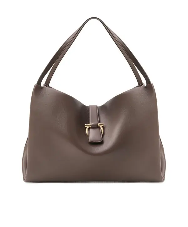 FERRAGAMO Large Mia Gancini-plaque Leather Tote Bag - Limoges/nero