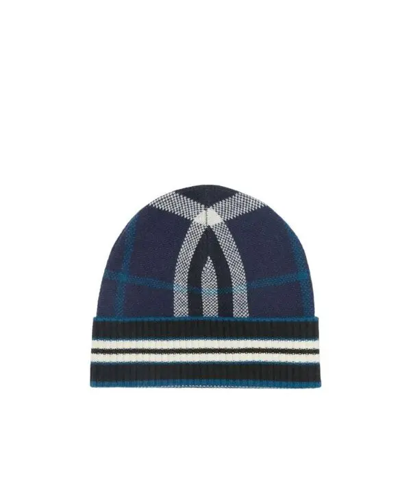 Burberry Check And Stripe Cashmere Beanie - Blue