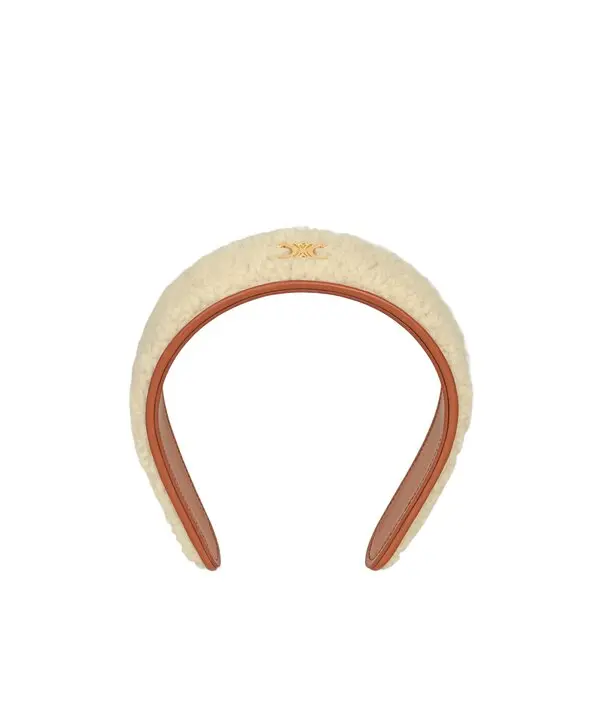 Celine Triomphe Headband In Shearling, Calfskin And Brass With Gold Finish - White/tan/gold