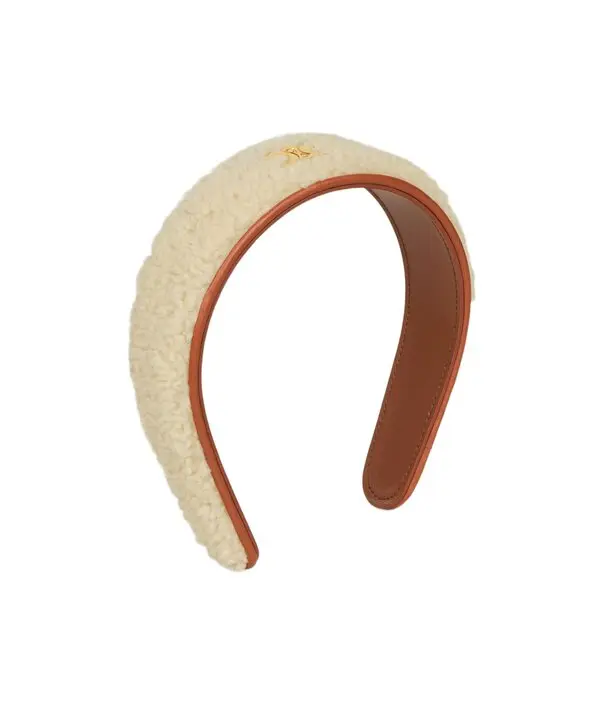 Celine Triomphe Headband In Shearling, Calfskin, And Brass With Gold Finish
