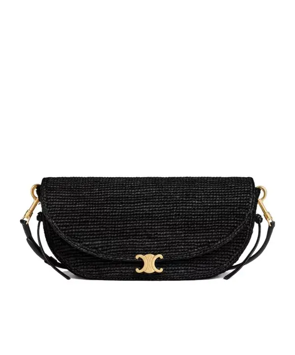 Celine Little Halfmoon Soft Triomphe In Raffia And Lambskin - Black