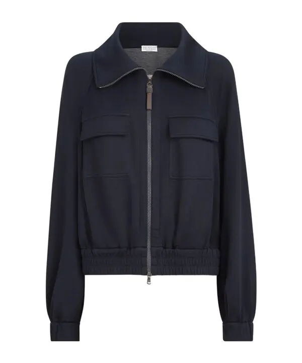 Brunello Cucinelli Cotton And Silk Interlock Cardigan With Shiny Zipper Pull - Black