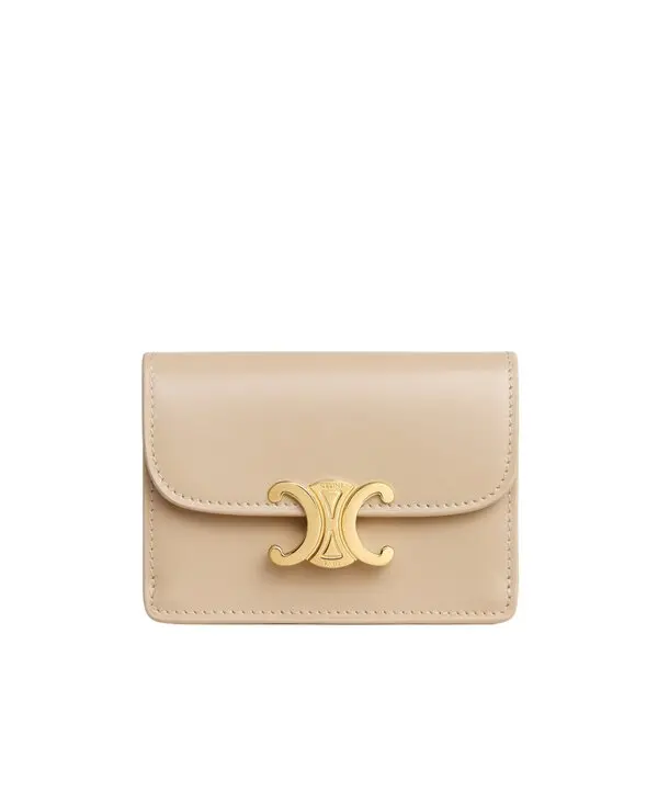 Celine Card Holder With Flap Triomphe In Shiny Calfskin - Dark Ivory