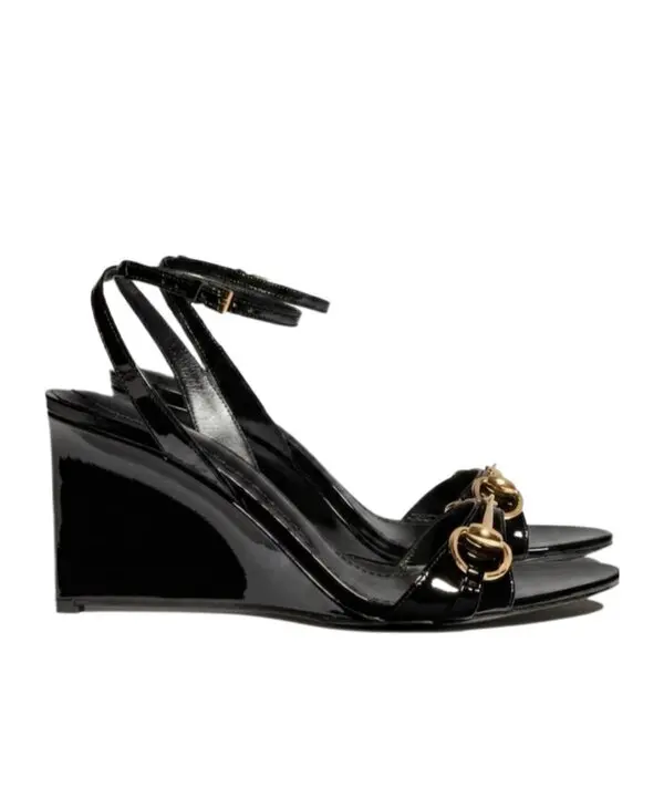 Gucci Donna Wedge Sandal With Horsebit Detail - Black
