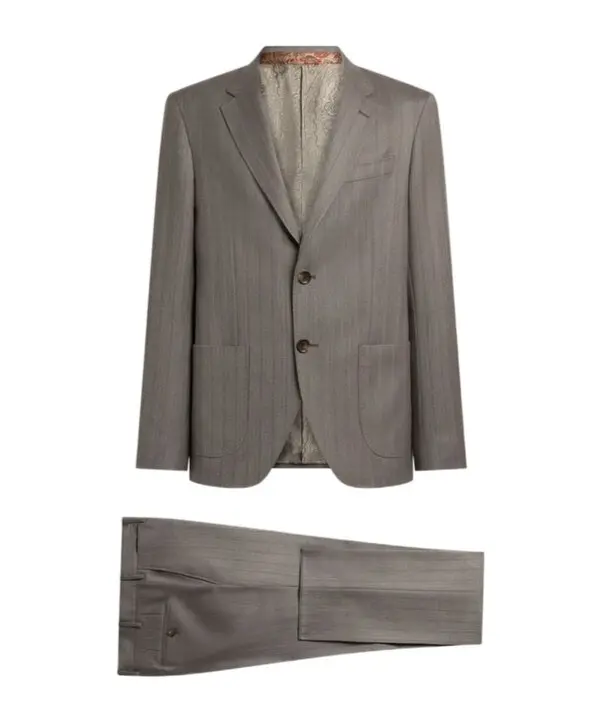 Etro Single-breasted Wool Suit With Chevron Stripes - Grey