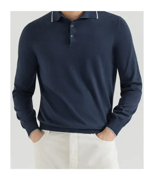 Brunello Cucinelli Sea Island Cotton And Cashmere Lightweight Knit Polo - Avio Blue