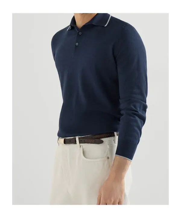 Brunello Cucinelli Sea Island Cotton And Cashmere Lightweight Knit Polo - Avio Blue