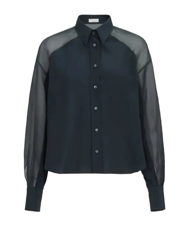 Brunello Cucinelli Silk Crêpe De Chine Paneled Shirt With Monili - Blue