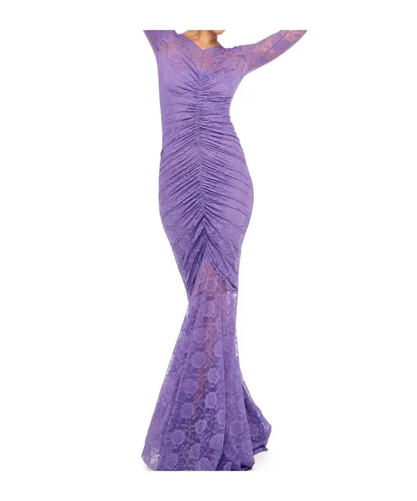 Norma Kamali V Neck Shirred Front Fishtail Gown