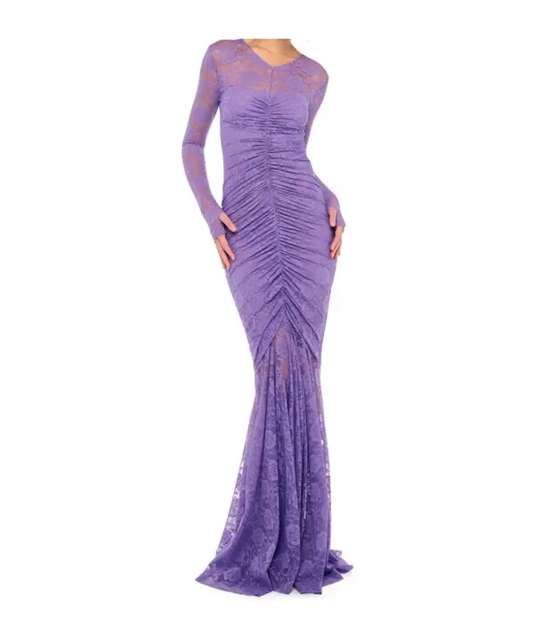 Norma Kamali V Neck Shirred Front Fishtail Gown