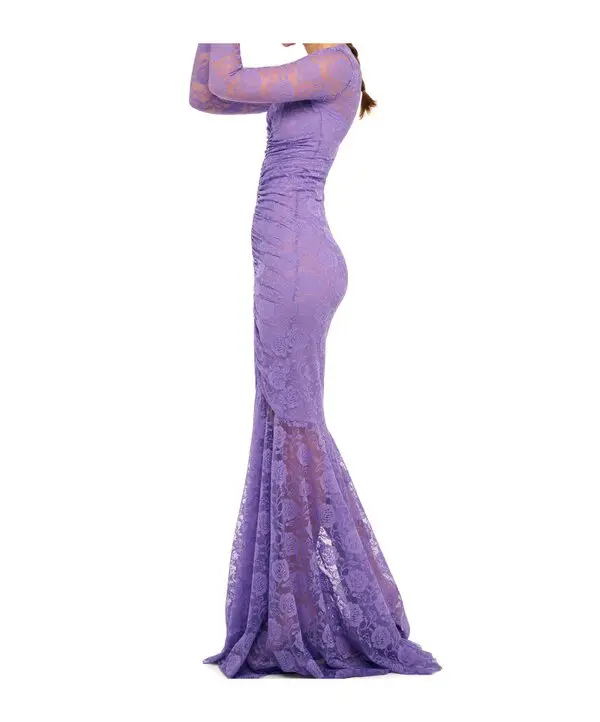 Norma Kamali V Neck Shirred Front Fishtail Gown