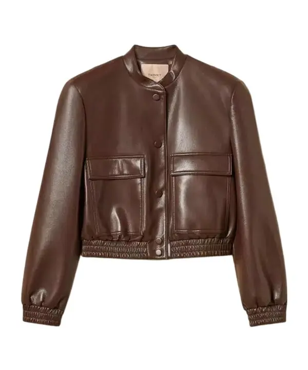 TWINSET Faux Leather Bomber Jacket With Pockets