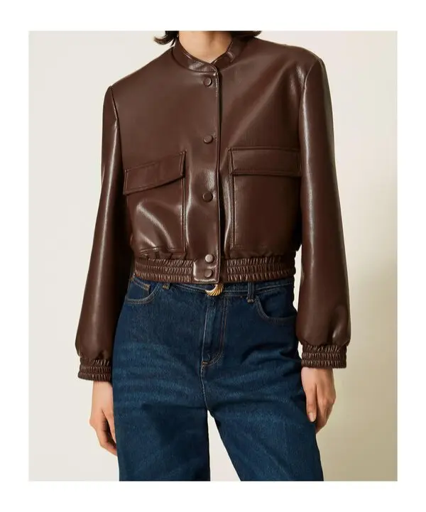 TWINSET Faux Leather Bomber Jacket With Pockets