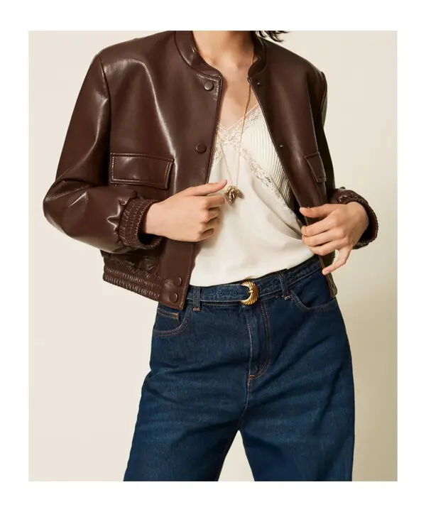 TWINSET Faux Leather Bomber Jacket With Pockets