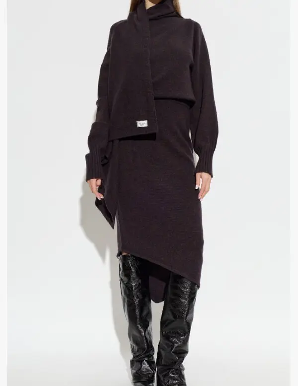 Attico Asymmetrical High Neck Long Sleeve Draped Dress