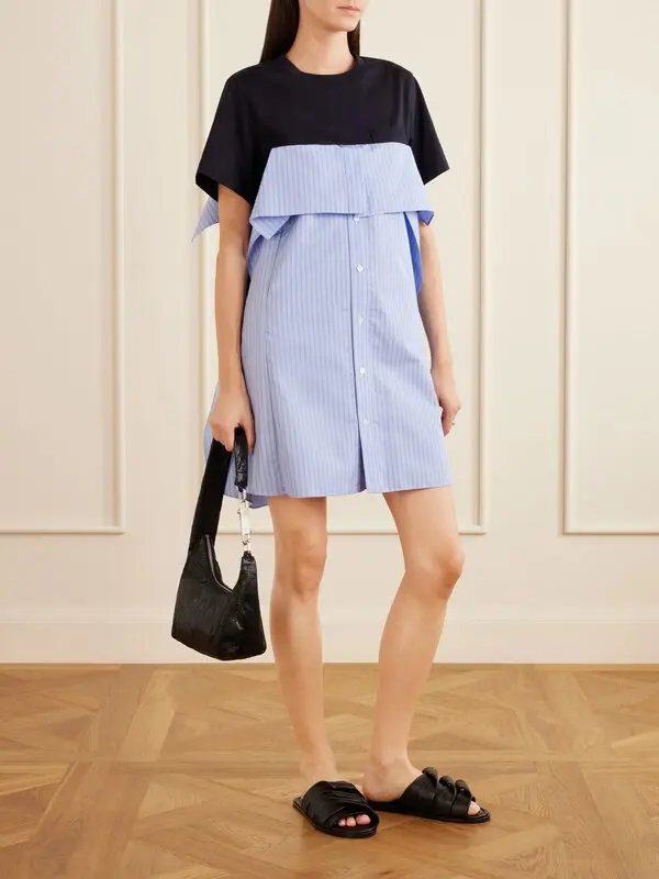 Sacai Paneled Ruffled Cotton-jersey And Poplin Mini Dress