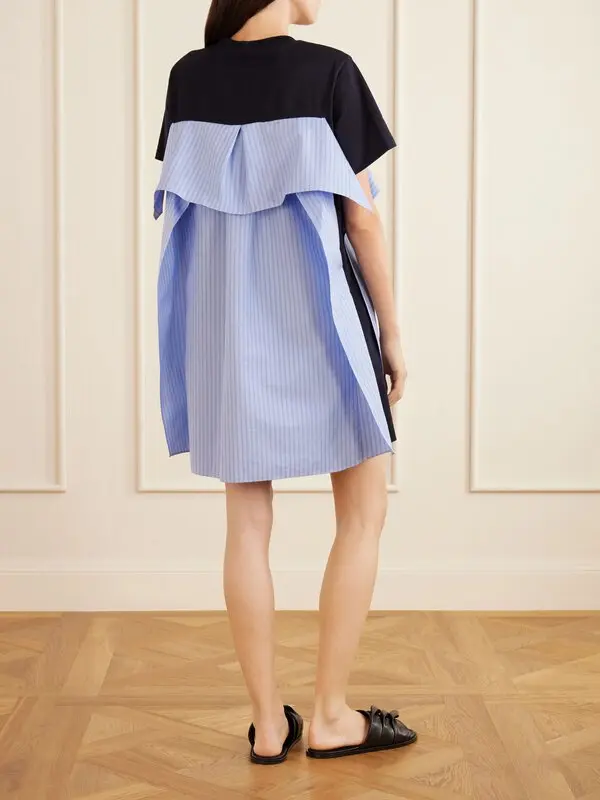 Sacai Paneled Ruffled Cotton-jersey And Poplin Mini Dress